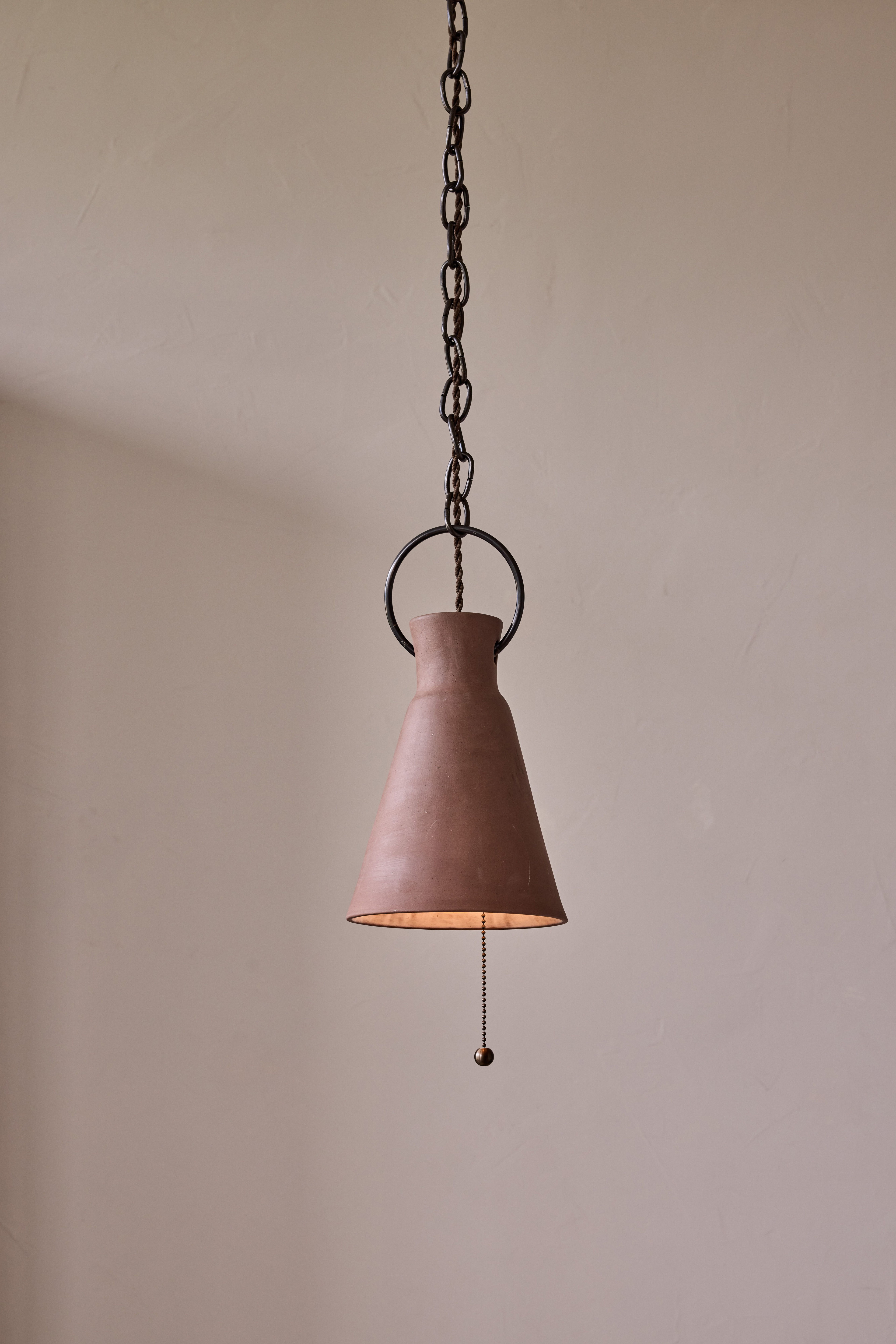 The Expert - Ceramic Funnel Pendant - Antique Brass, Mud, Pull Chain, 6"