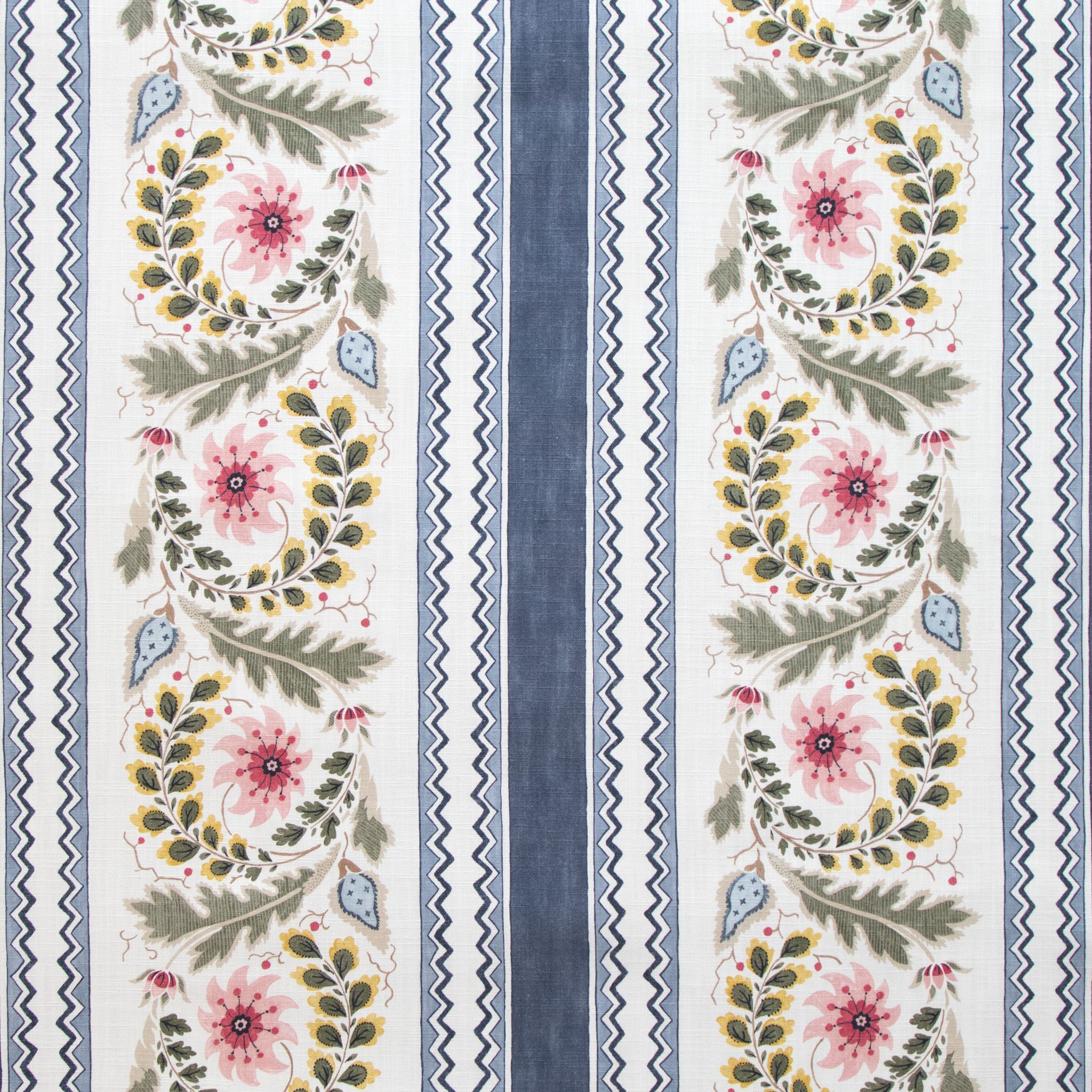 The Expert - Floral Border Stripe Fabric - Midnight, By the Yard