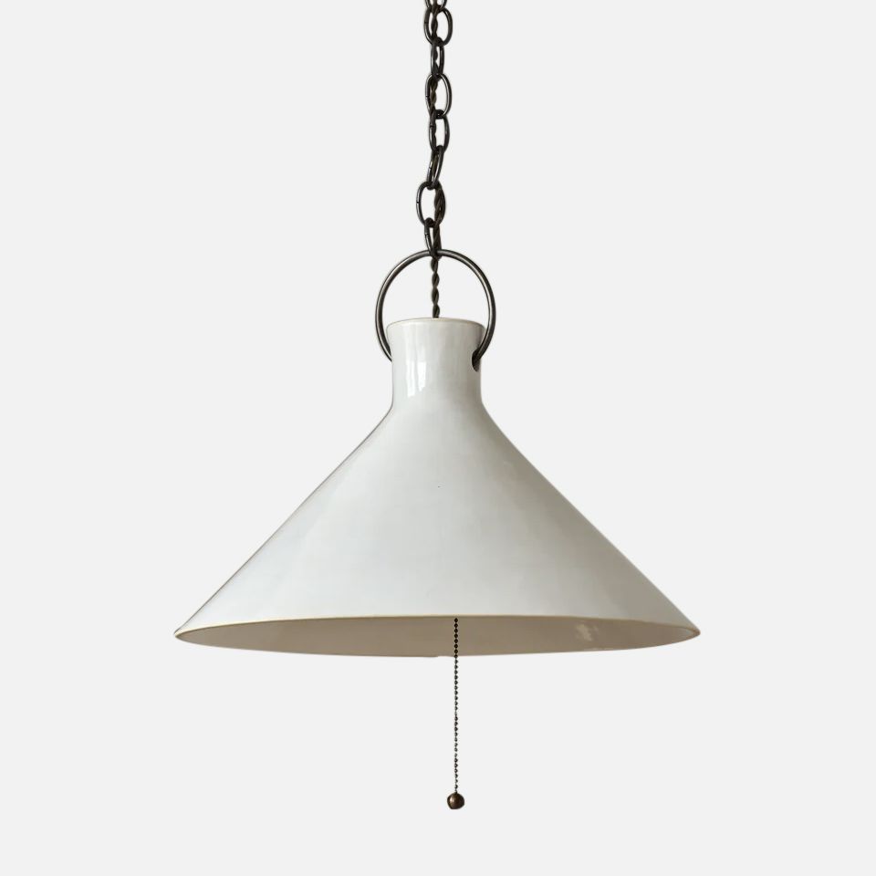 The Expert - Ceramic Funnel Pendant - Antique Brass, Salt, Pull Chain, 18"